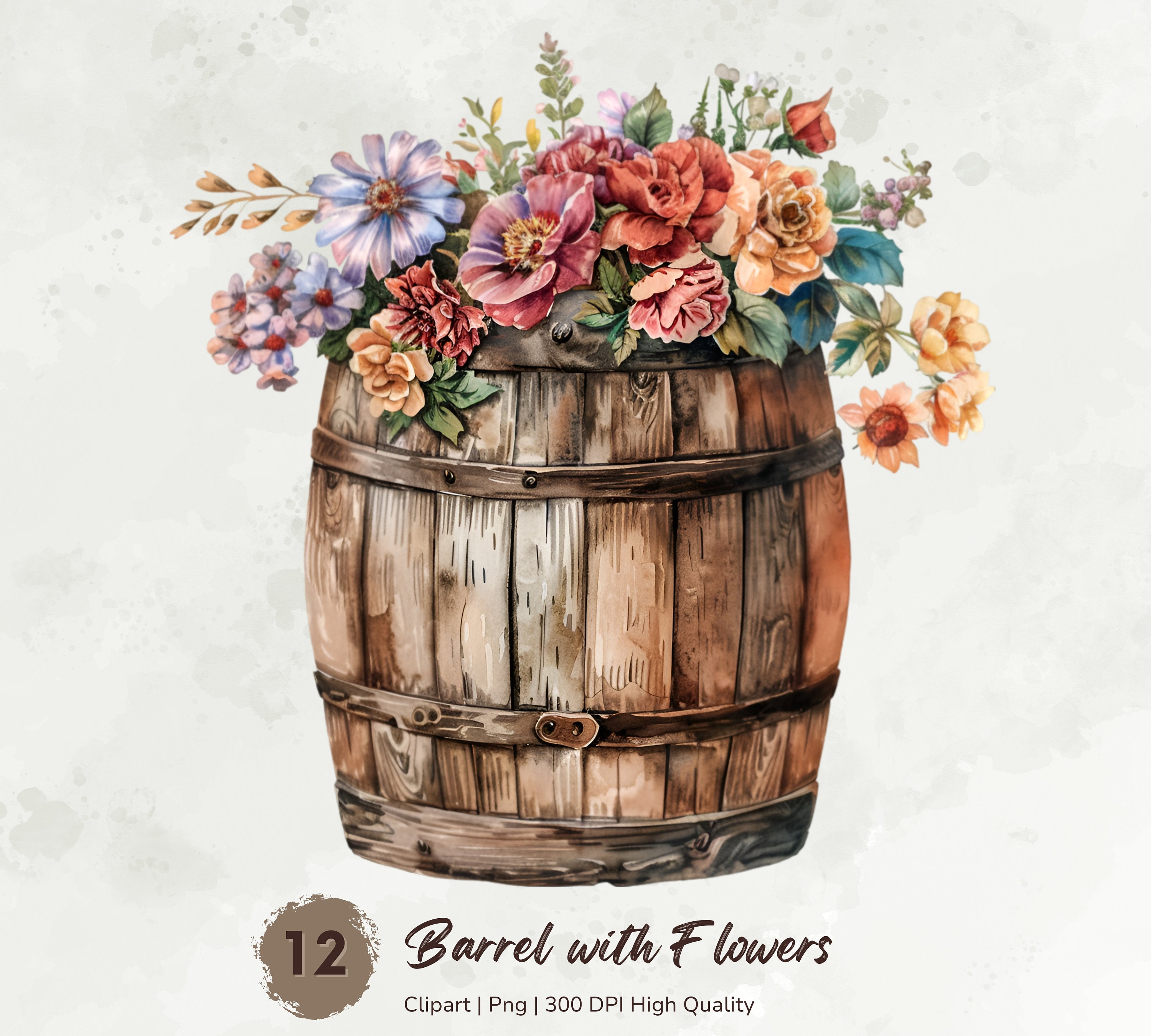 Floral Wooden Barrel Clipart, Garden Barrel, Floral Barrel Png, Spring ...
