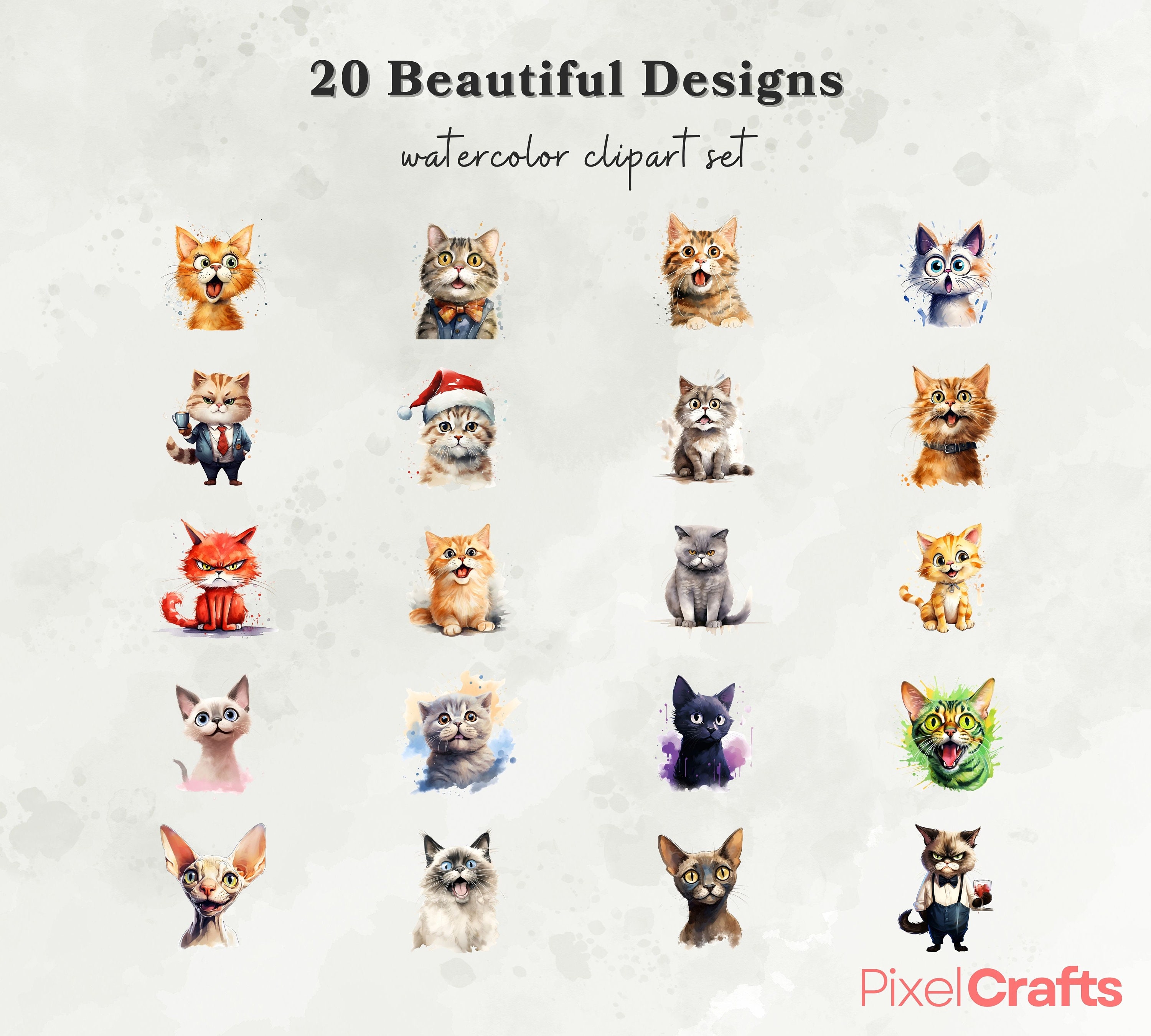Funny Cat Clipart Bundle, Quirky Kittens Watercolor Clipart, Cute Pets ...
