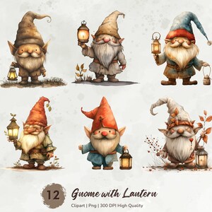 Watercolor Gnome Clipart, Lantern Gnome Clipart Bundle, Oil Lamp Gnome ...