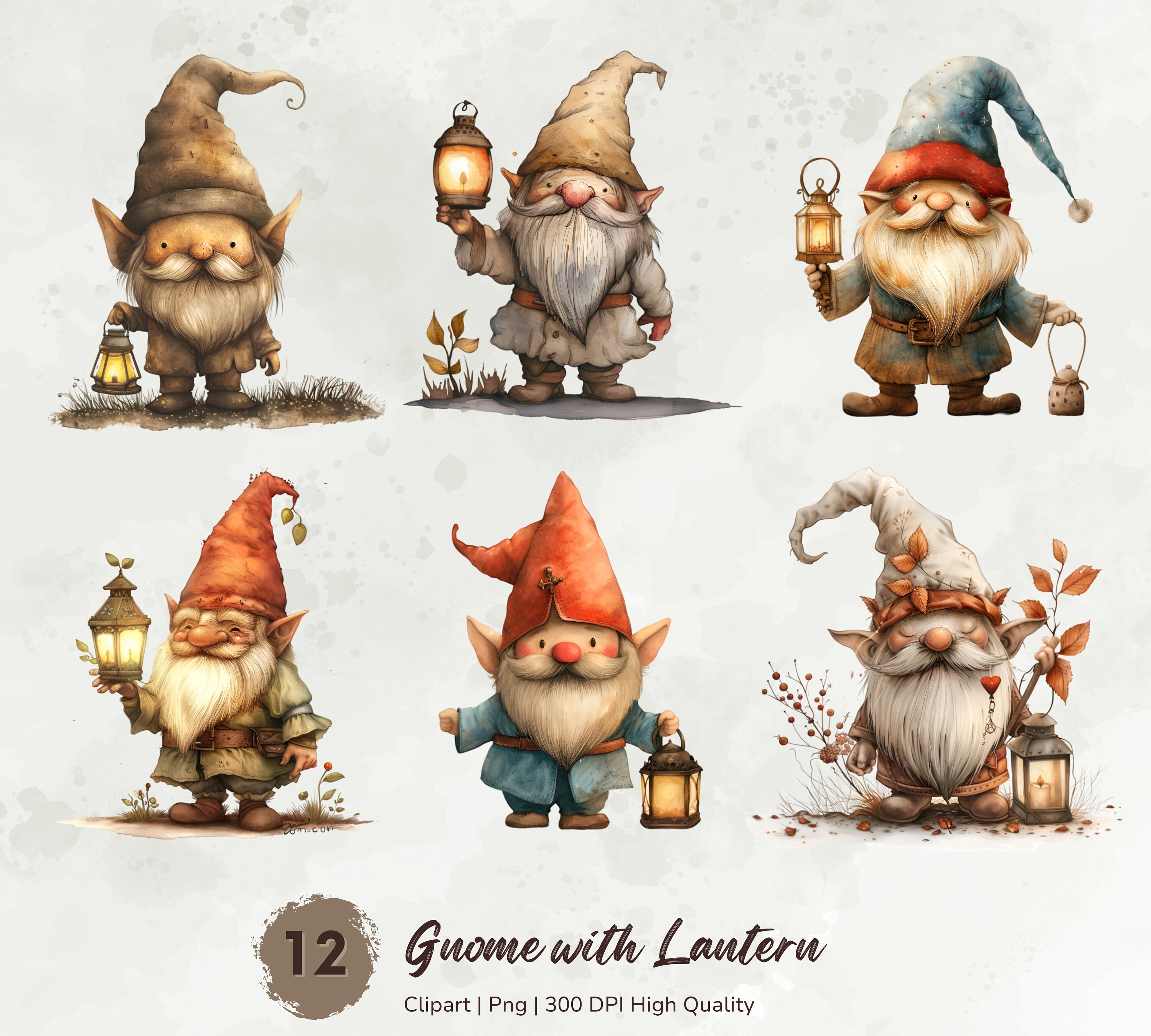 Watercolor Gnome Clipart, Lantern Gnome Clipart Bundle, Oil Lamp Gnome ...