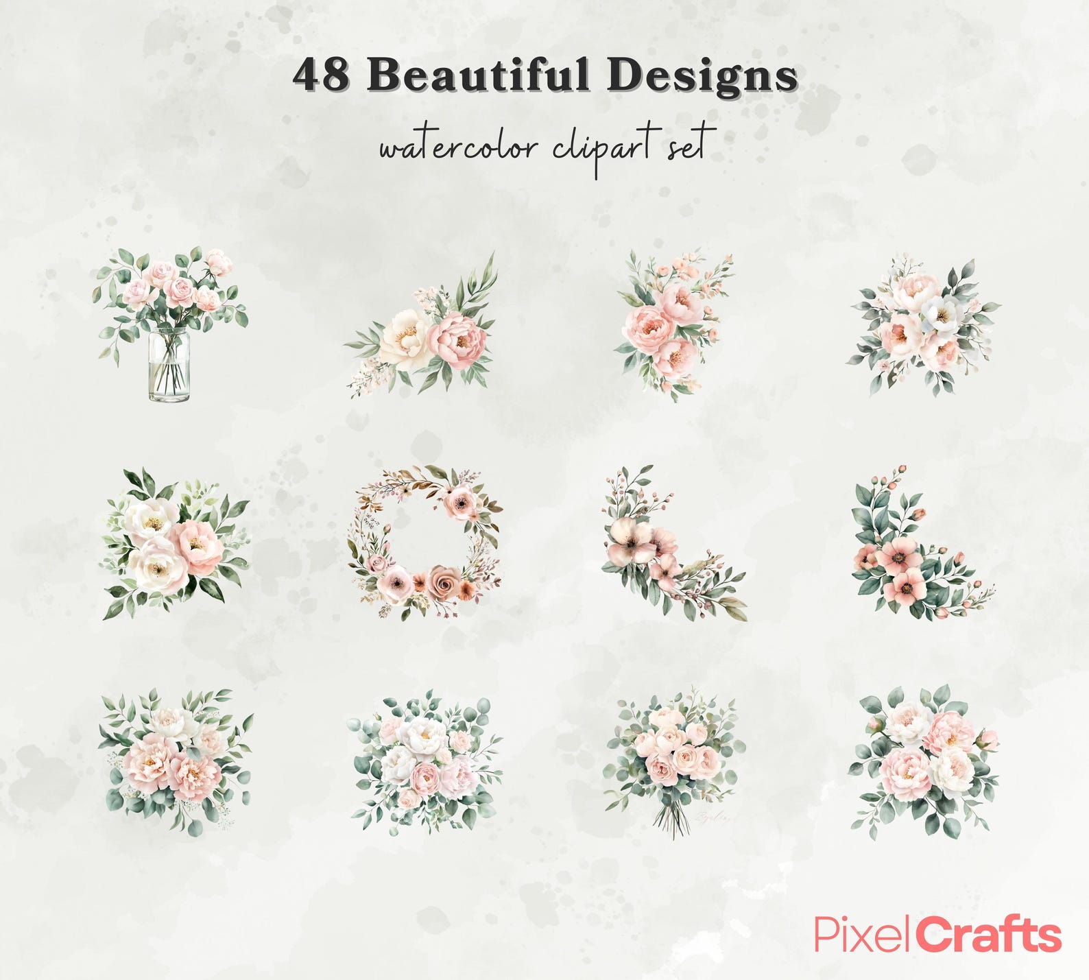 Watercolor Floral Clipart, Blush Pink Floral Clipart Bundle, Floral ...