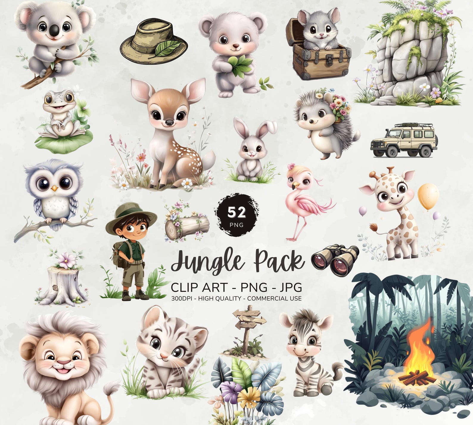 Watercolor Jungle Clipart Bundle, Safari Graphics, Cute Animals Png ...