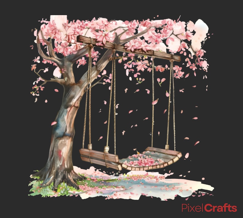 Swing in Pink Tree Clipart Bundle, Floral Swing, Blossom Trees, Botanical Art, Printable ...