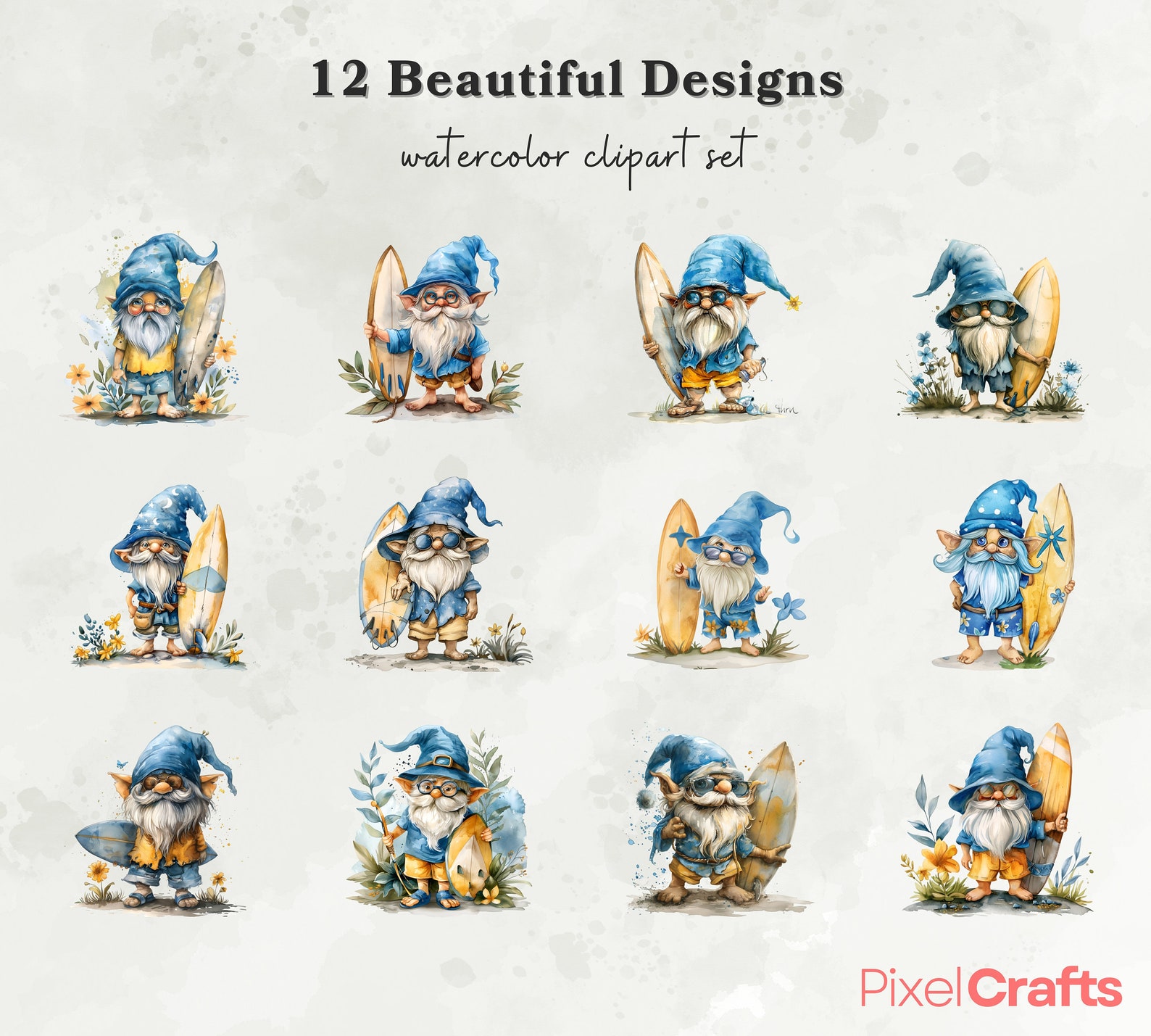 Watercolor Gnome Clipart, Surfer Gnome Clipart, Summer Gnome Png ...
