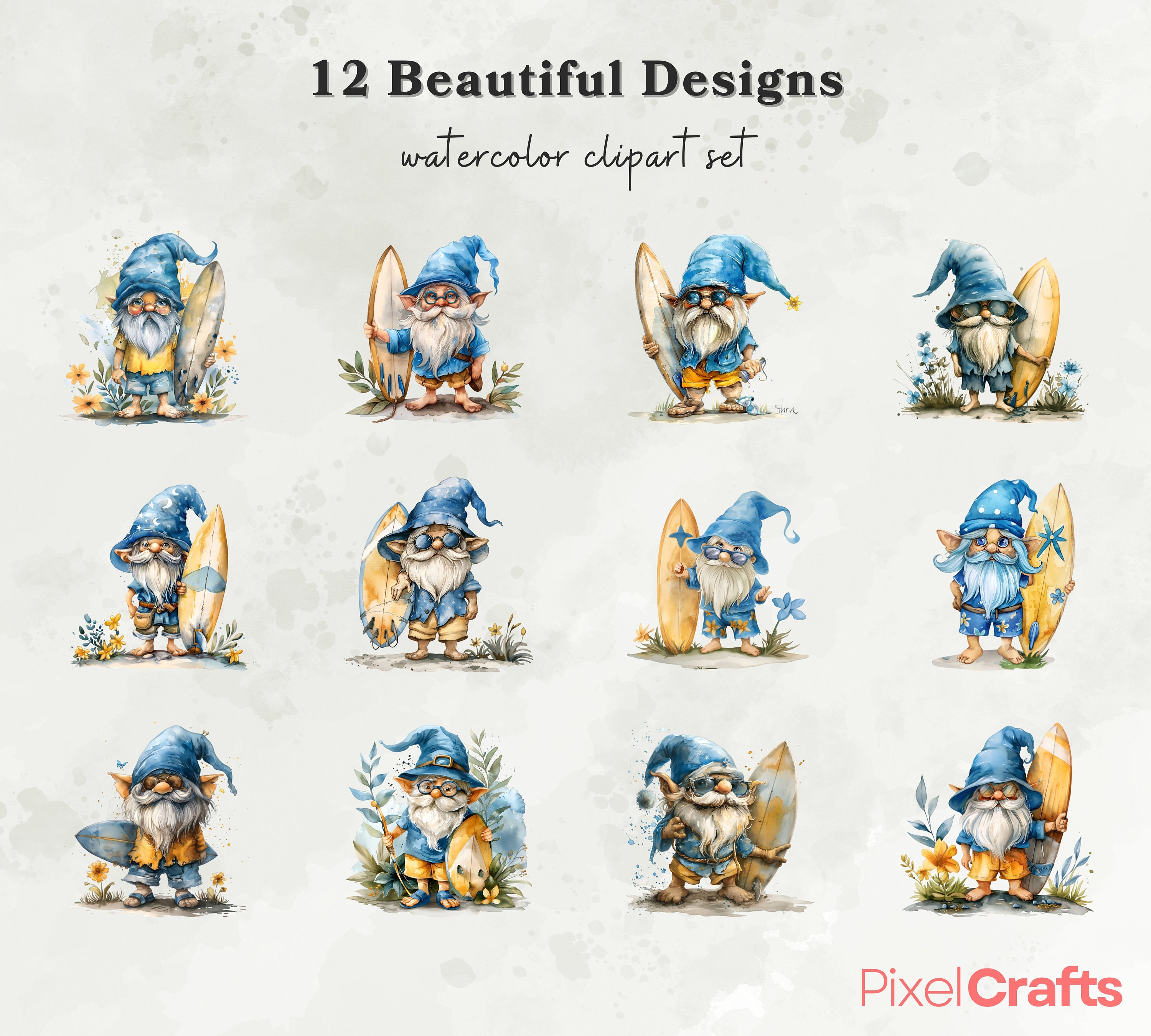 Watercolor Gnome Clipart, Surfer Gnome Clipart, Summer Gnome Png ...
