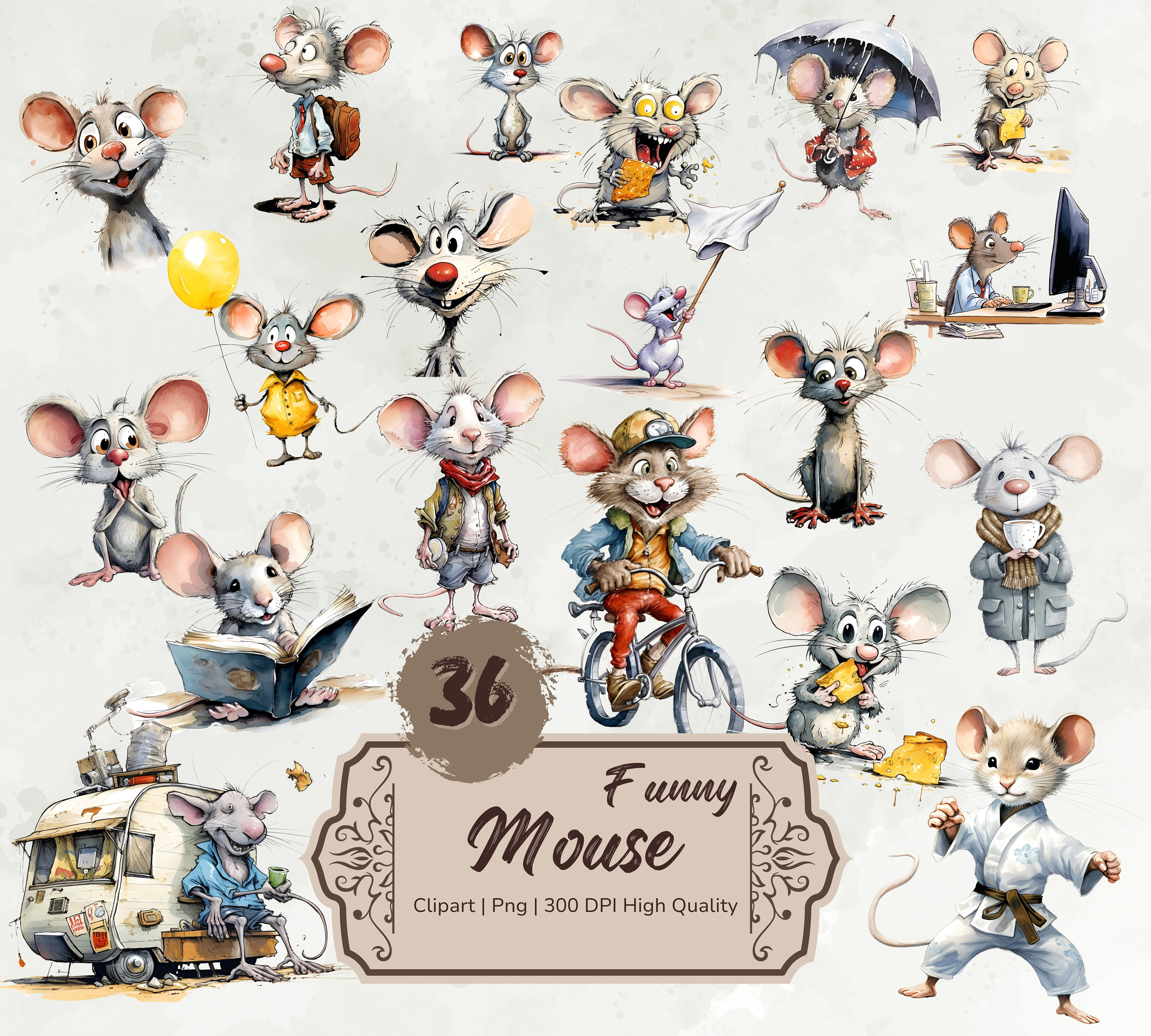 Watercolor Funny Mouse Clipart, Cute Cartoon Mice, Quirky Mouse Png ...