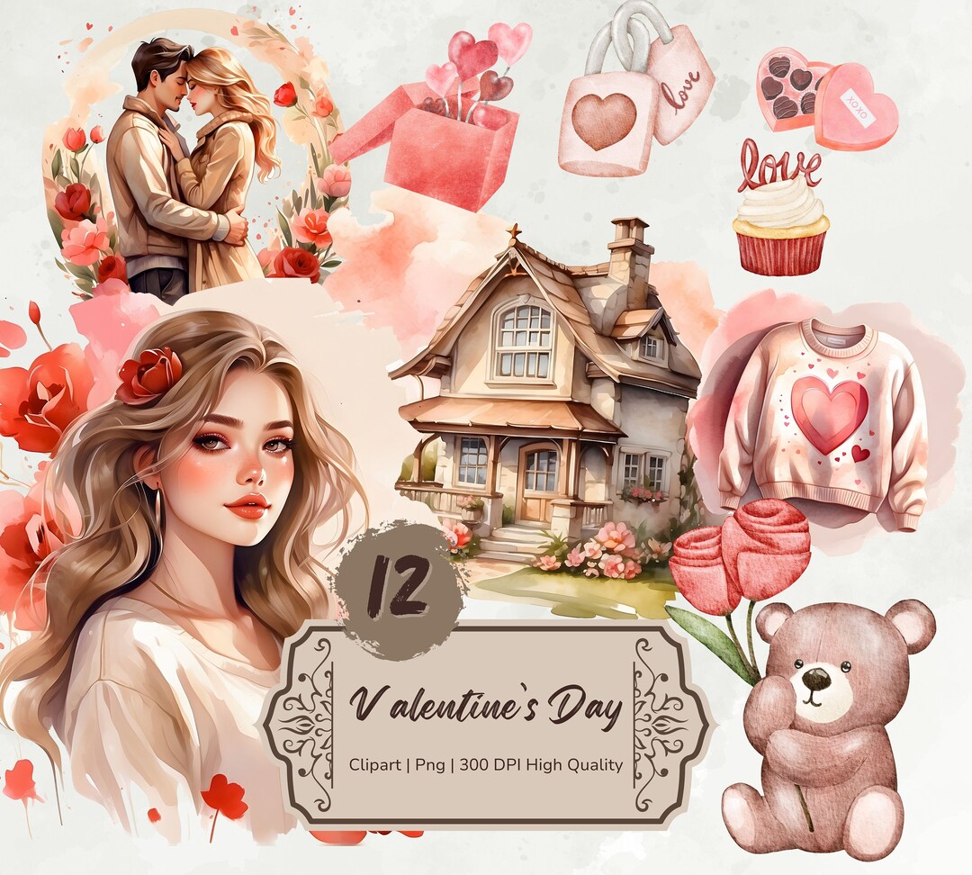 Watercolor Valentines Day Clipart Bundle, Cozy Valentine Png, Love ...