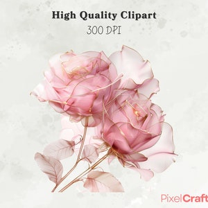 Abstract Pink Roses Clipart, Gold and Pink Roses Flowers Clipart Bundle ...