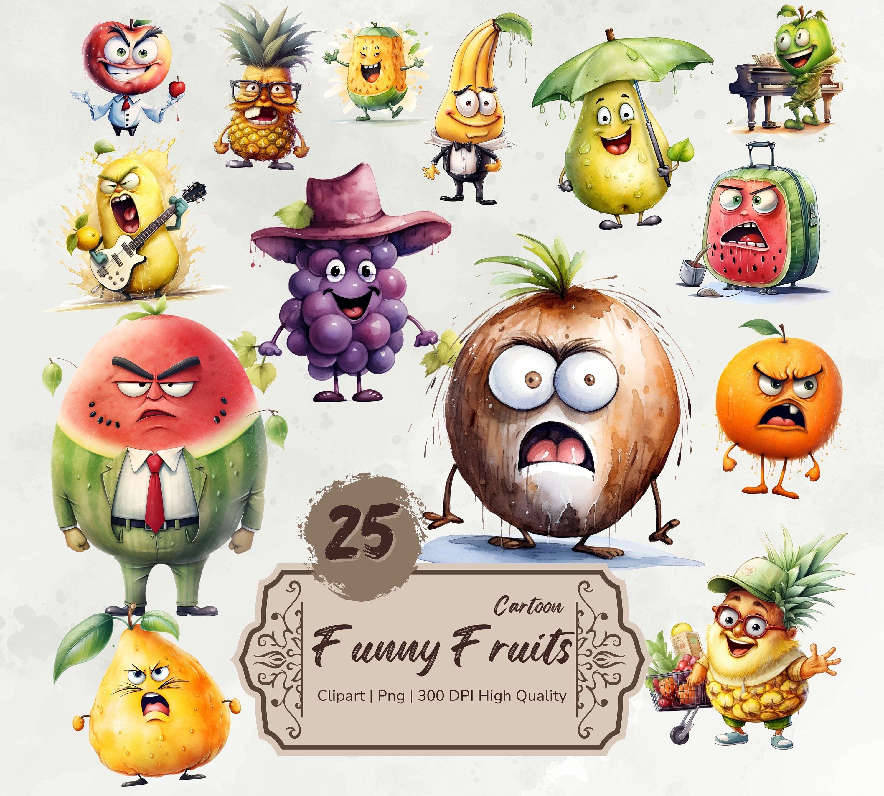 Watercolor Funny Fruits Clipart, Quirky Summer Fruits Clipart, Tropical ...