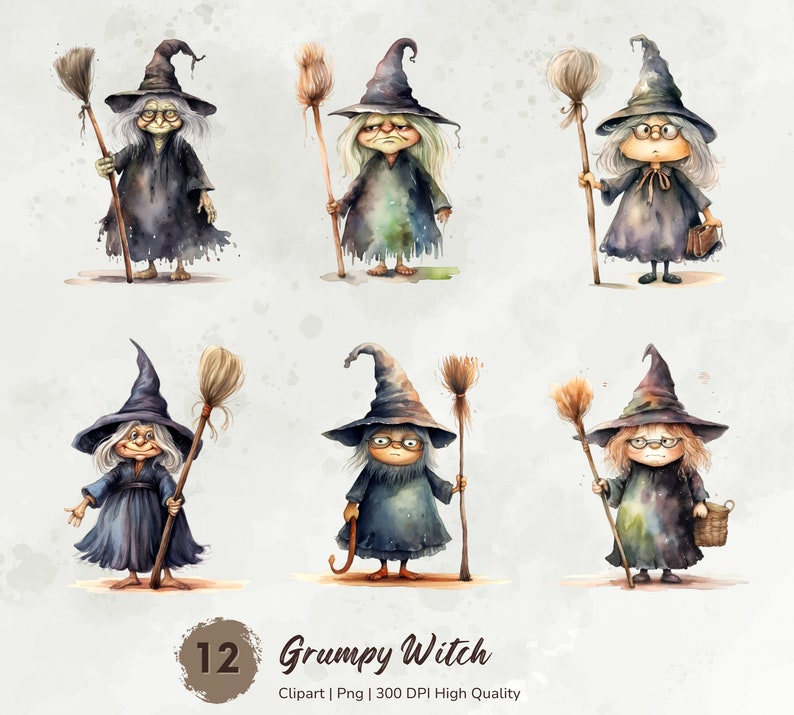 Grumpy Witch Clipart, Magical Clipart, Watercolor Witch Png, Fantasy Clipart, Funny Witches ...