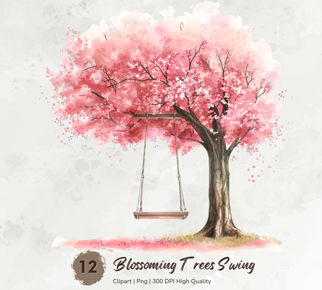 Swing in Pink Tree Clipart Bundle, Floral Swing, Blossom Trees ...