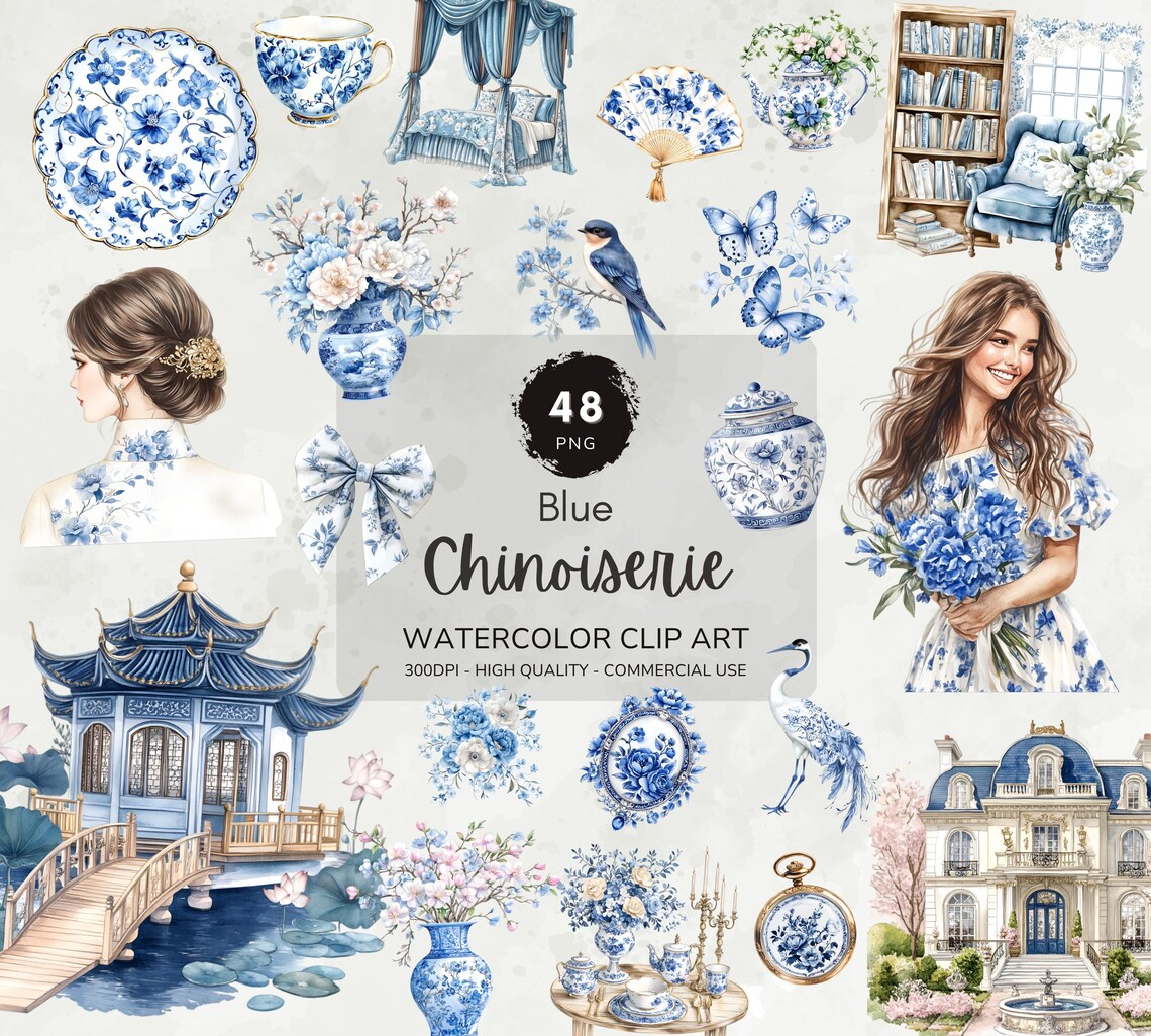 Watercolor Blue Chinoiserie Clipart, Chinoiserie Png Bundle, Vintage ...