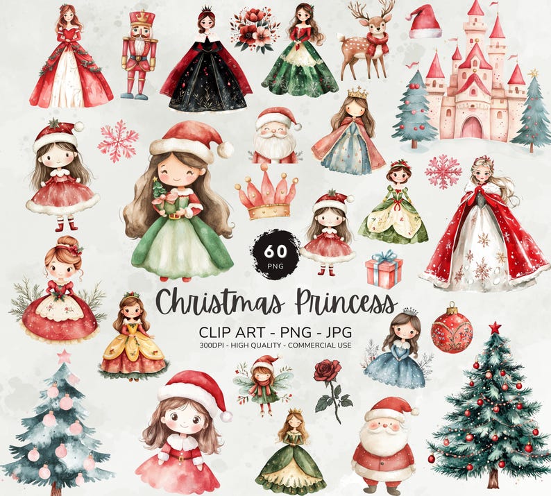 Christmas Princess Clipart, Fairytale Princess Graphics, Christmas ...