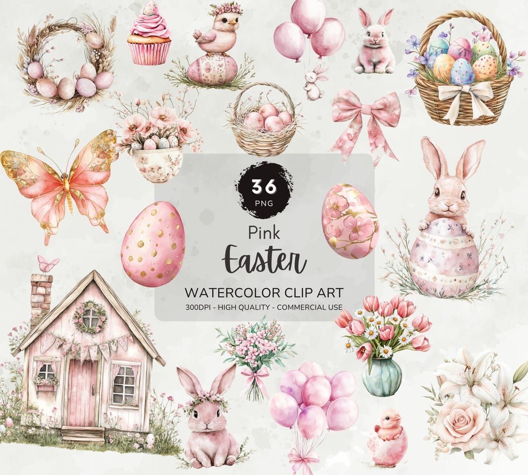Watercolor Easter Clipart, Pink Easter Eggs Clipart, Spring Clipart ...