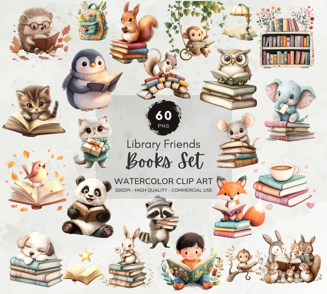 Library Friends Clipart, Books Clipart Set, Cute Animal Books Png, Cozy ...