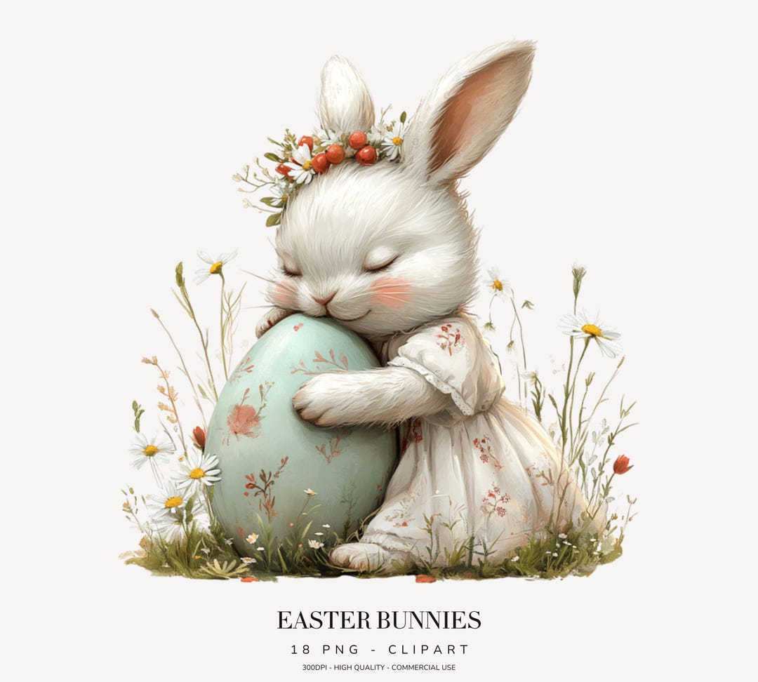 Whimsical Easter Bunnies Clipart Set, Cute Easter Eggs, Bunny Graphics ...