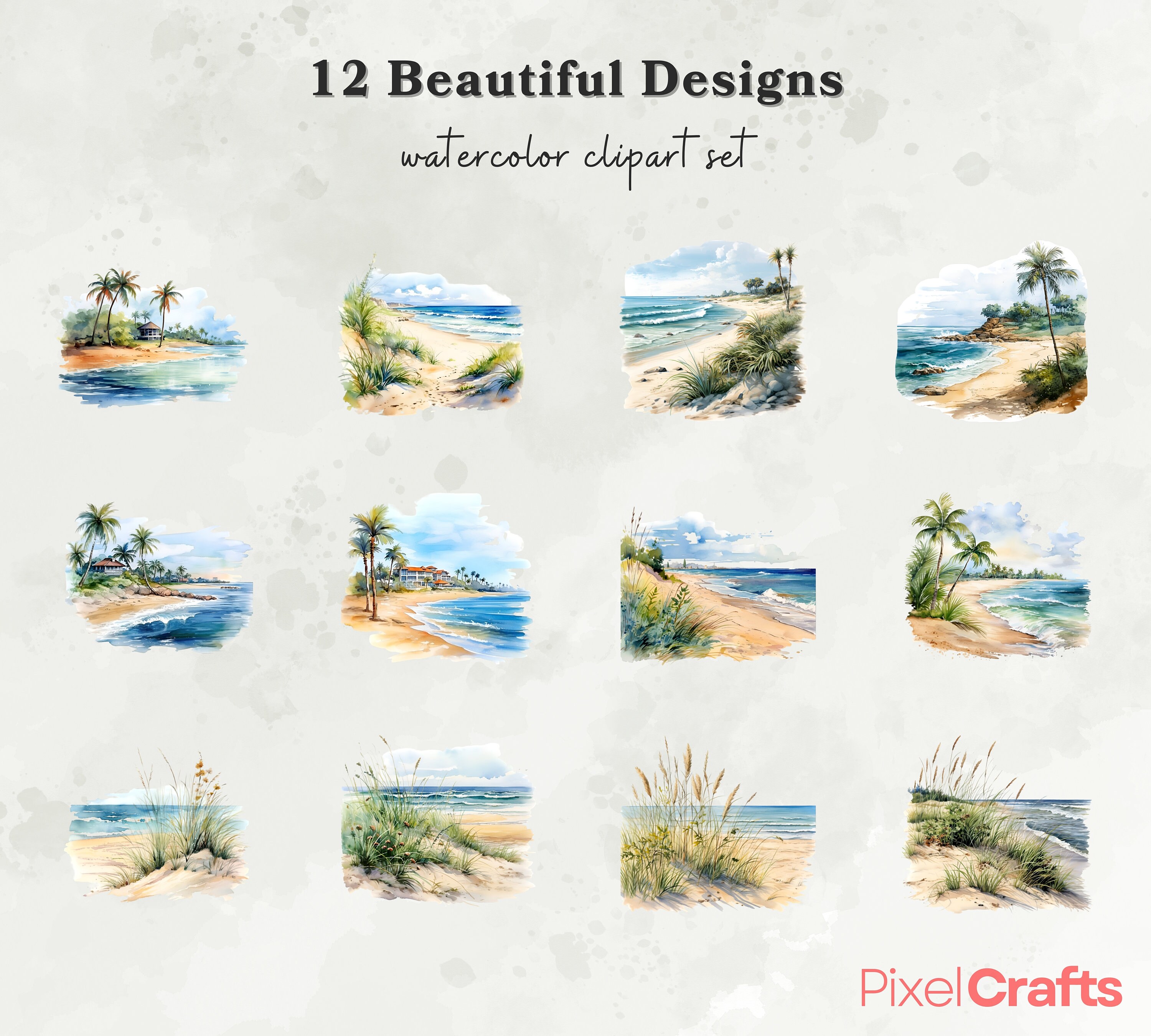Watercolor Beach Clipart, Summer Clipart, Tropical Beach, Palms and ...