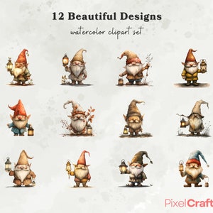 Watercolor Gnome Clipart, Lantern Gnome Clipart Bundle, Oil Lamp Gnome ...