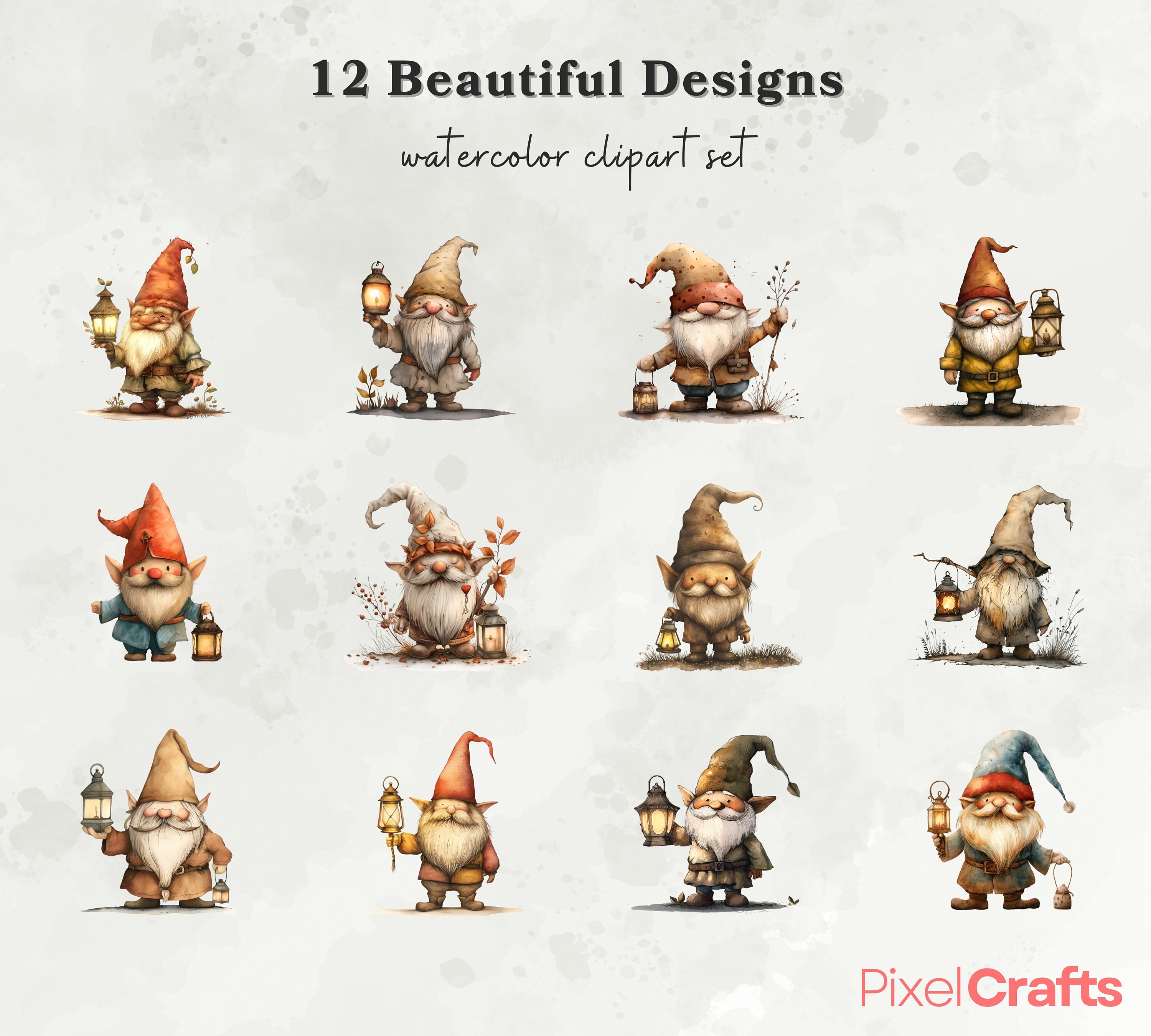 Watercolor Gnome Clipart, Lantern Gnome Clipart Bundle, Oil Lamp Gnome ...