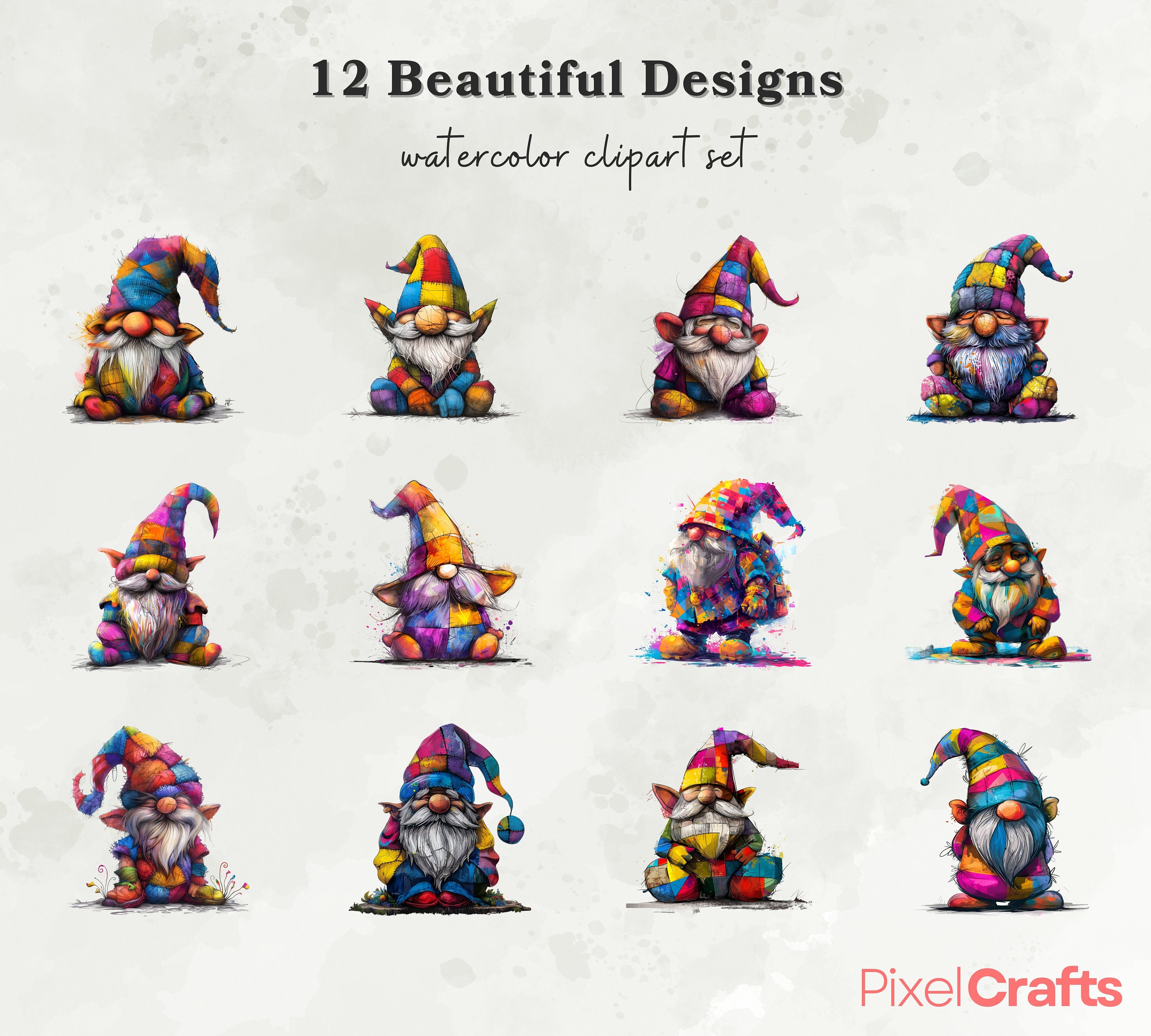 Watercolor Gnome Clipart, Whimsical Colorful Gnome Clipart, Cute Gnome ...
