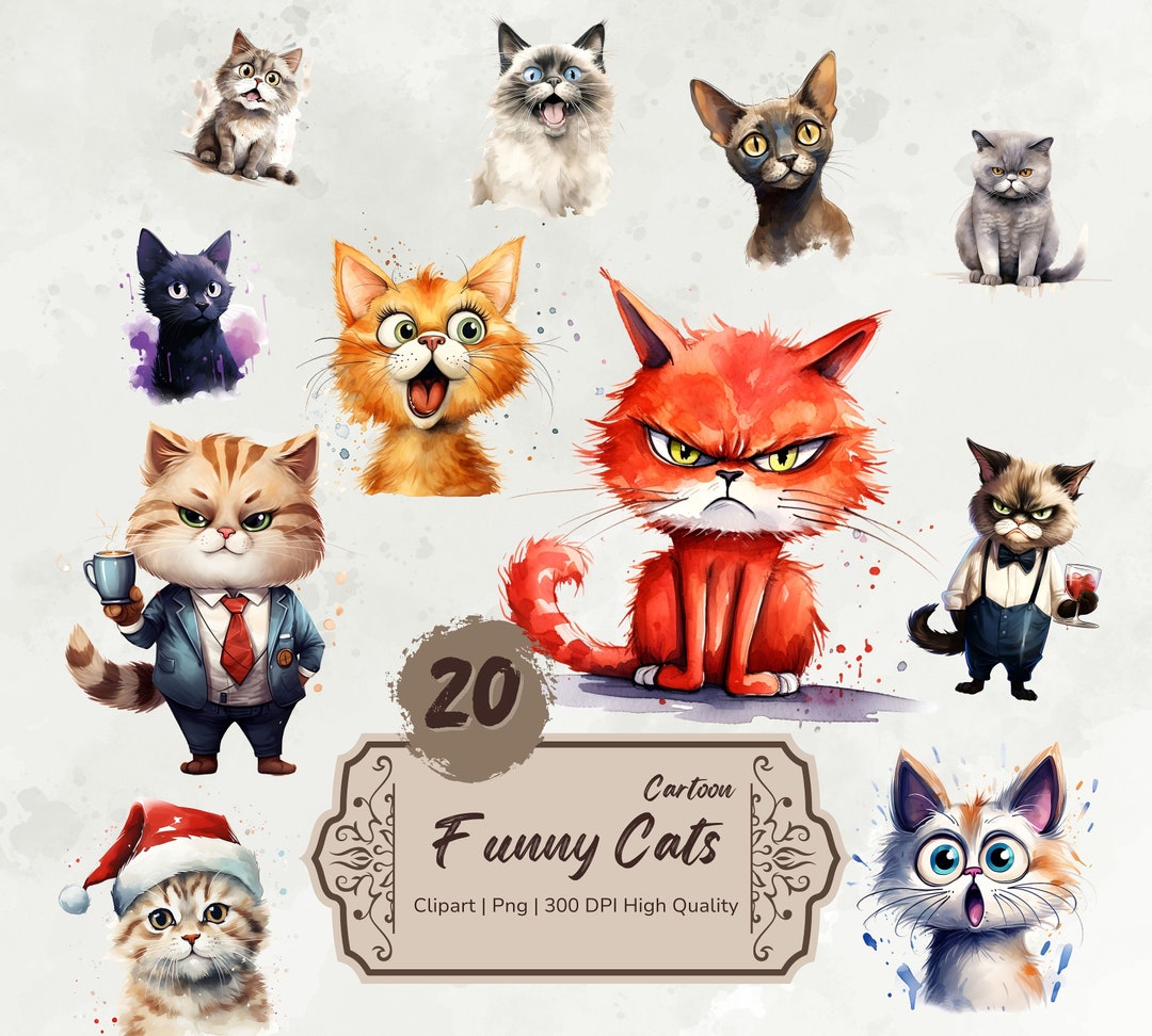 Funny Cat Clipart Bundle, Quirky Kittens Watercolor Clipart, Cute Pets ...