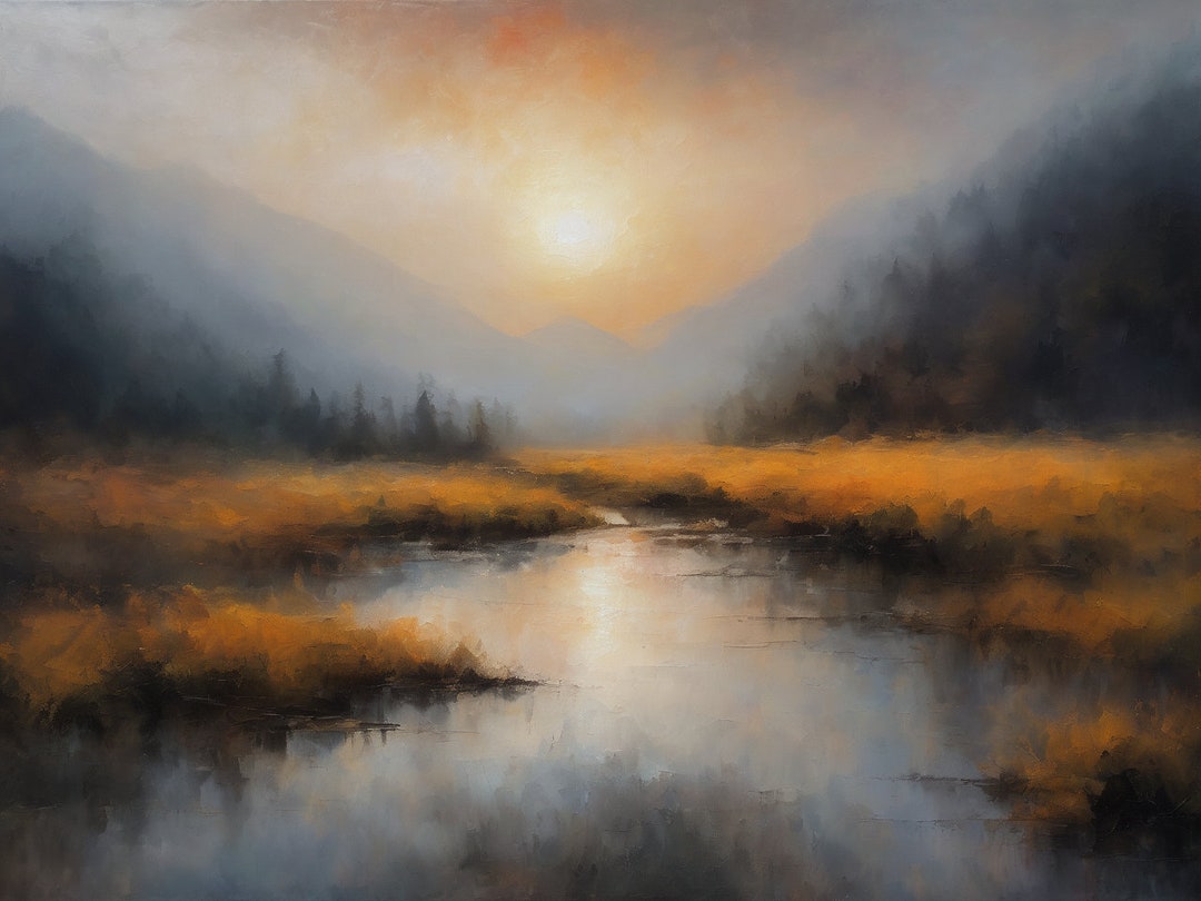 Mountain Range Digital Art of Mountains and River Wall Art Monotone ...