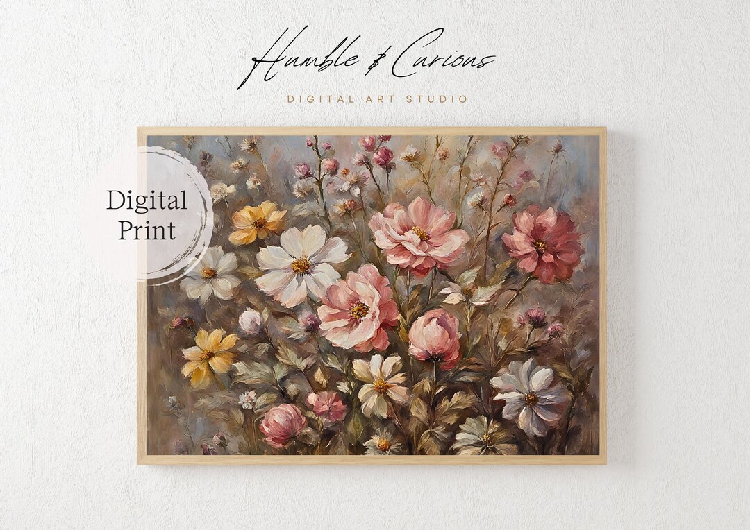 Vintage Wild Rose Art Print, Rustic Array of Flowers Oil Painting, Rosy ...