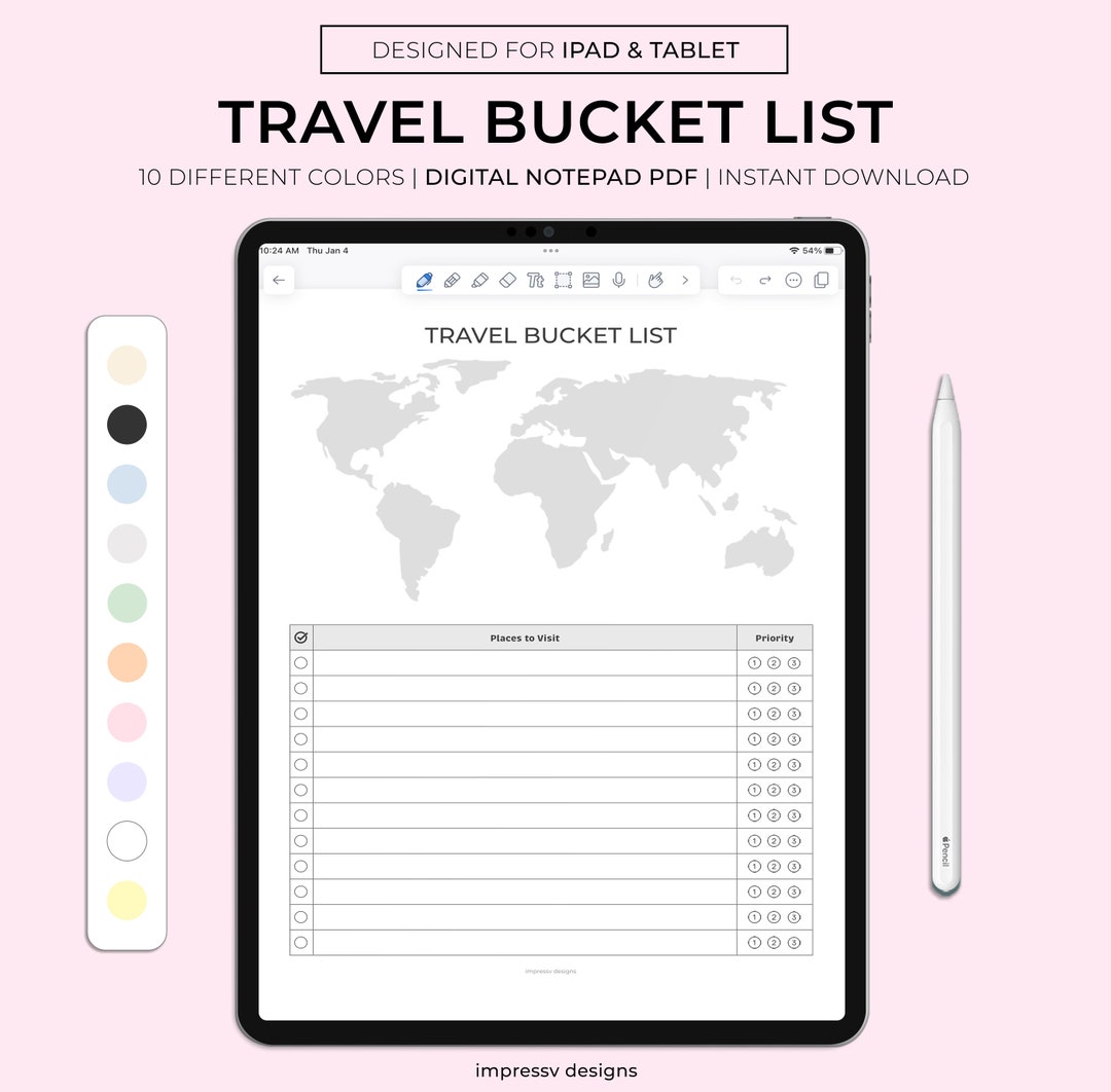 Digital Travel Bucket List, iPad Planner, Travel to Do List, Dream ...
