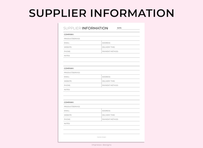 Supplier List Printable, Supplier Information Log, Supplies Vendor ...