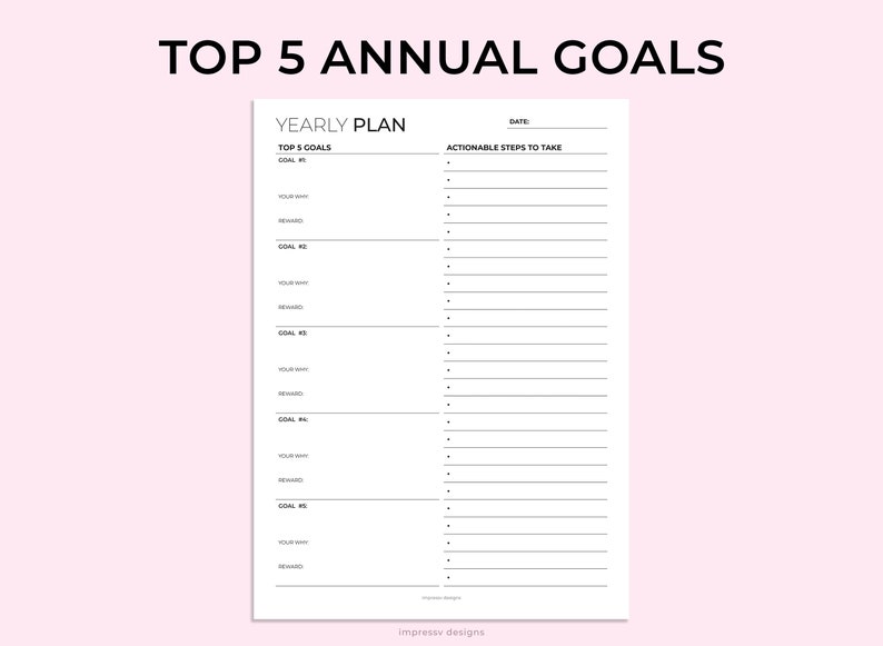 Top 5 Yearly Goals Planner, Fillable & Printable, Minimalist Printable ...