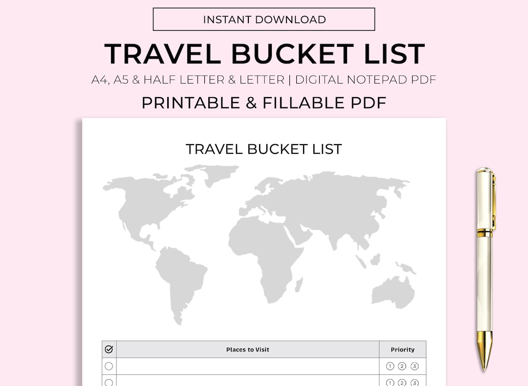 Travel Bucket List Printable, Fillable Wanderlust List, Travel to Do ...