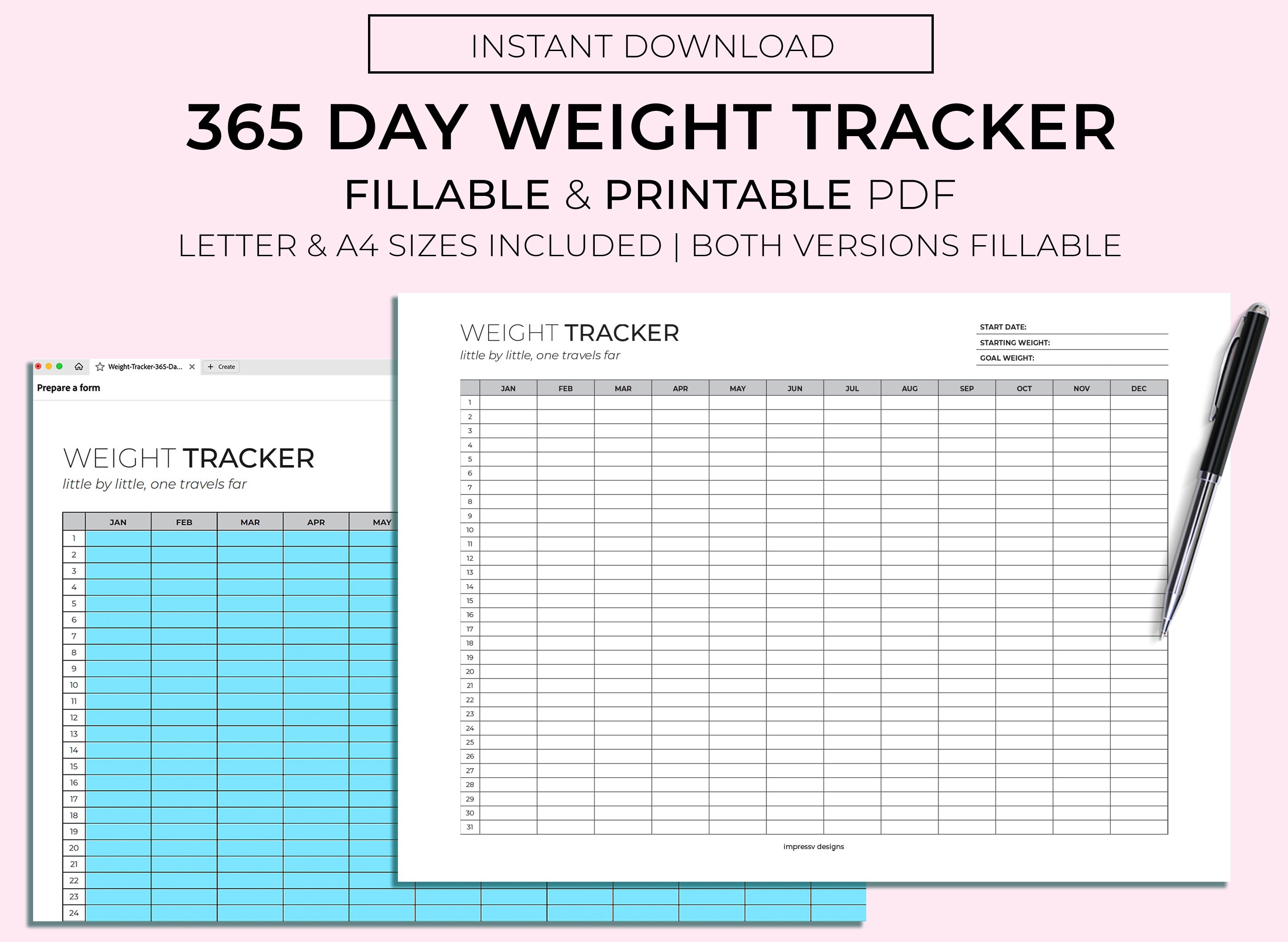 365 Day Weight Tracker Printable & Fillable, Weight Loss Tracker ...