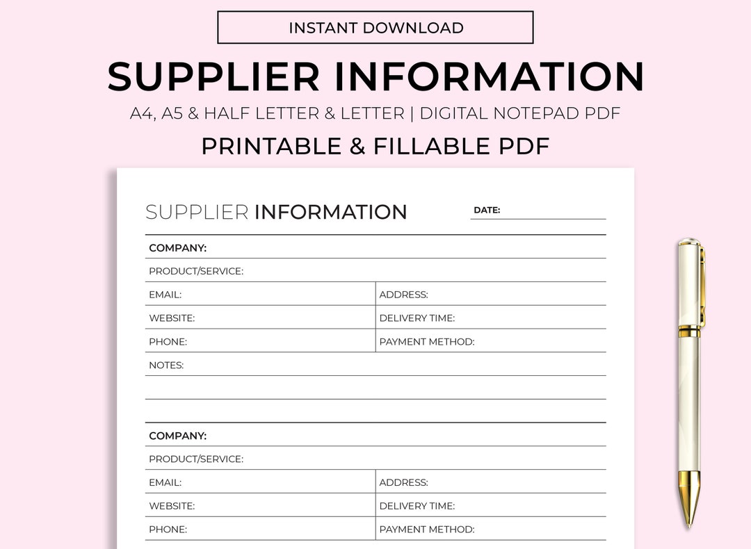 Supplier List Printable, Supplier Information Log, Supplies Vendor ...