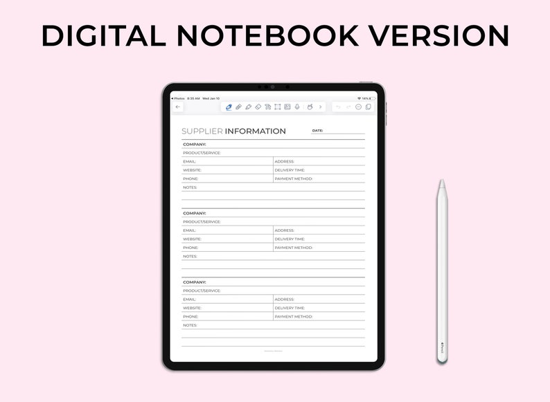 Supplier List Printable, Supplier Information Log, Supplies Vendor ...