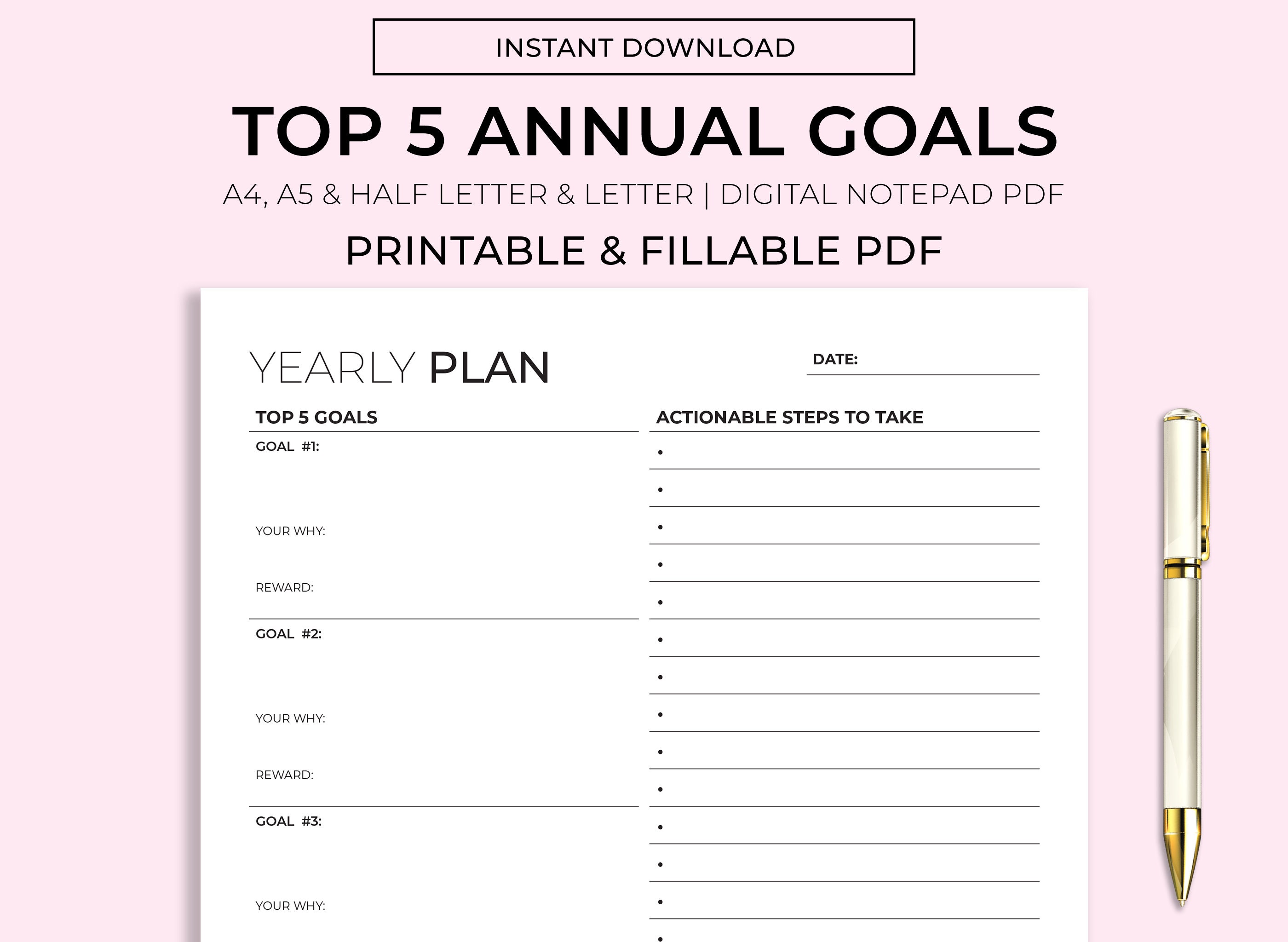 Top 5 Yearly Goals Planner, Fillable & Printable, Minimalist Printable ...