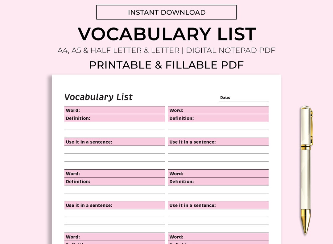 Vocabulary List Tracker, Student Planner, Student Printable, Desk ...