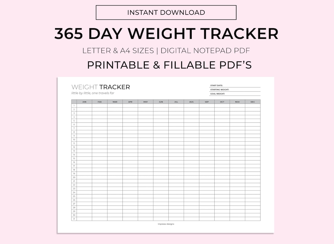 365 Day Weight Tracker Printable & Fillable, Weight Loss Tracker ...