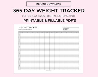 365 Day Weight Tracker Printable & Fillable, Daily Weight Journal ...