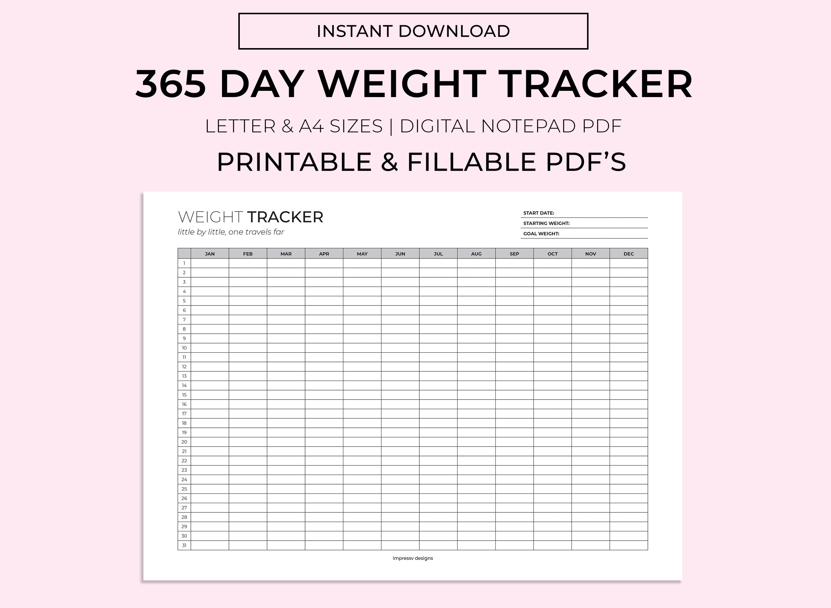 365 Day Weight Tracker Printable & Fillable, Weight Loss Tracker ...