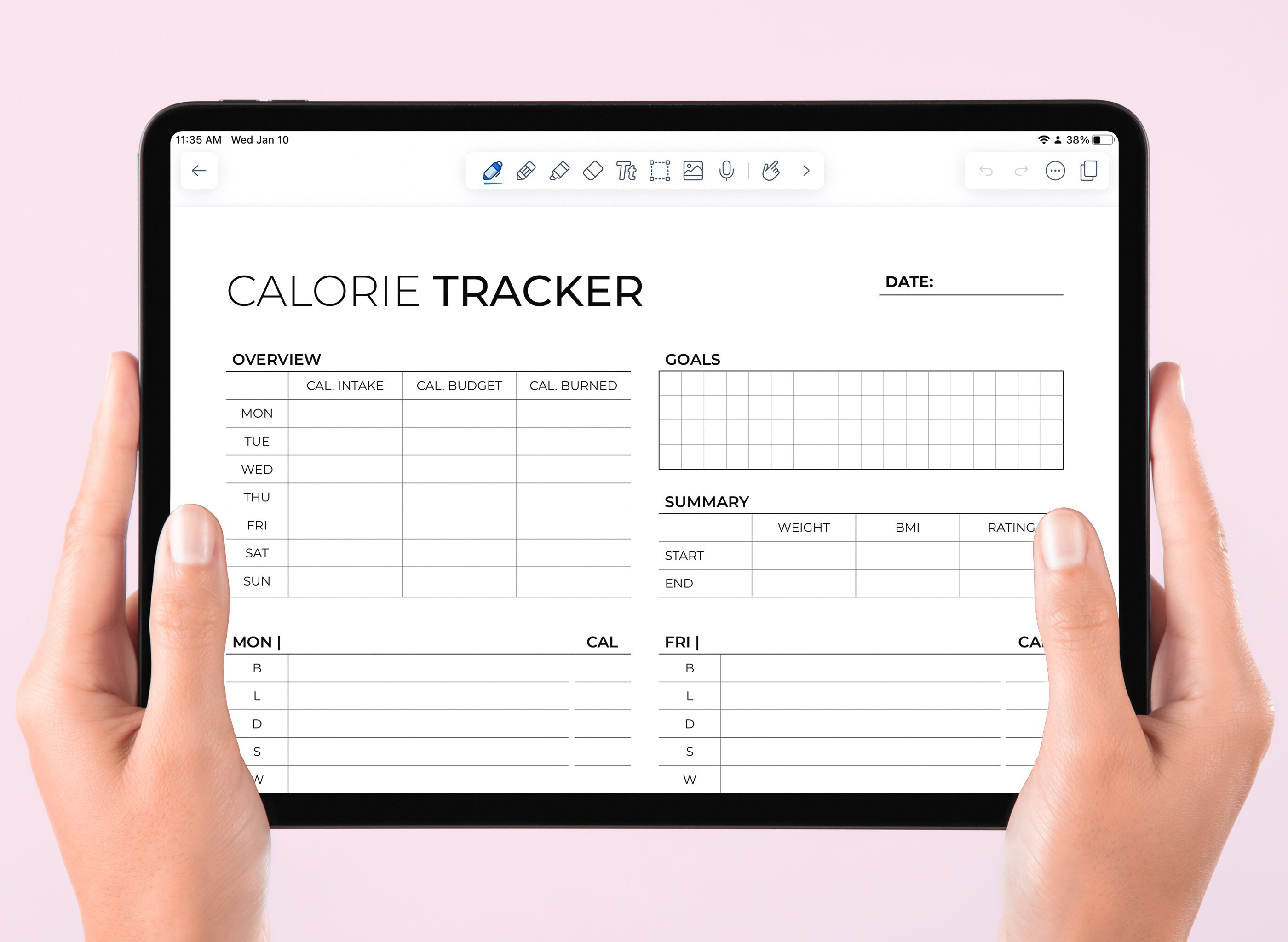 Weekly Calorie Tracker, Printable + Fillable, iPad Optimized, Protein ...
