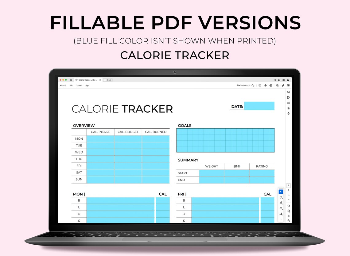 Weekly Calorie Tracker, Printable + Fillable, iPad Optimized, Protein ...