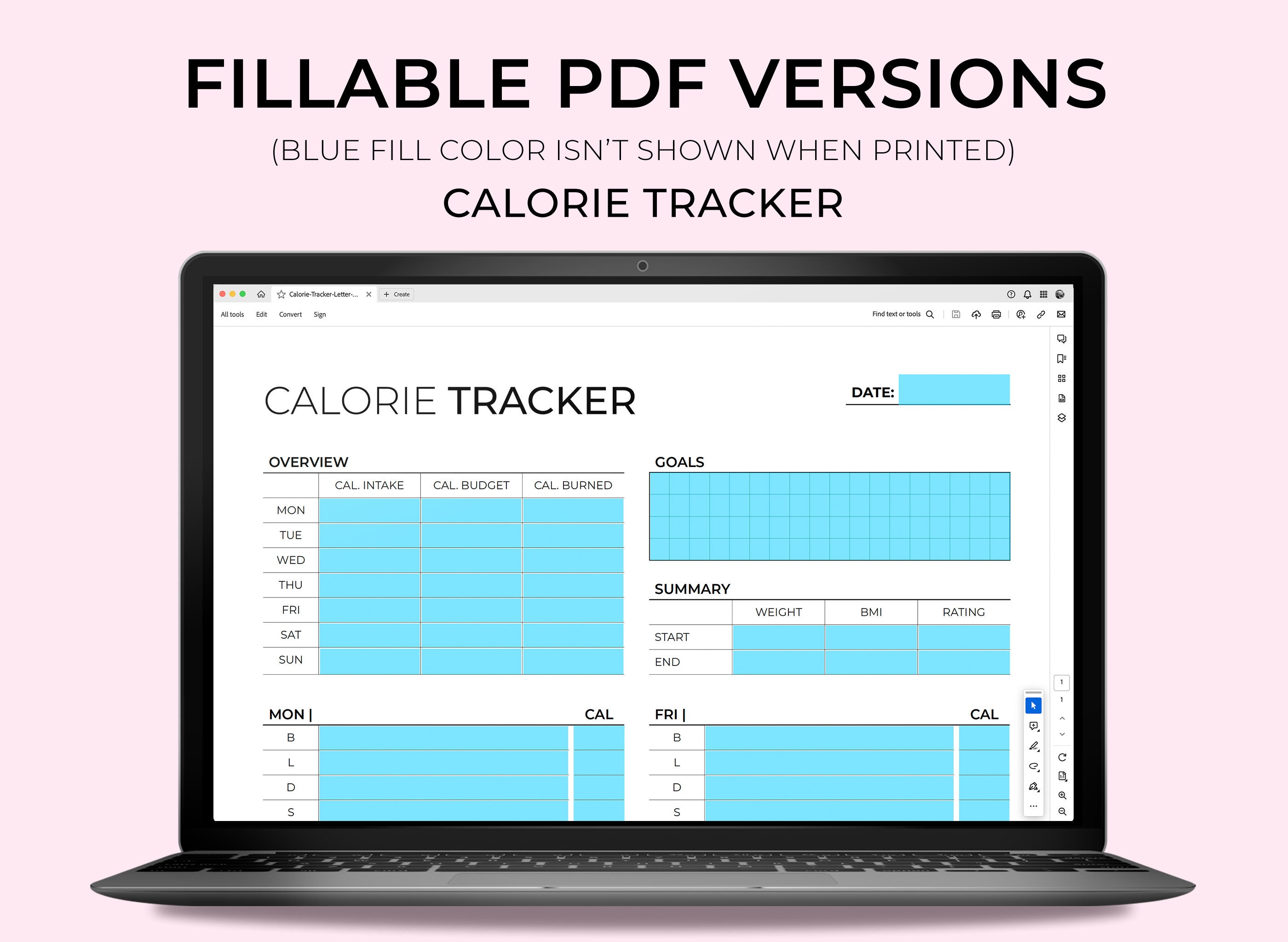 Weekly Calorie Tracker, Printable + Fillable, iPad Optimized, Protein ...