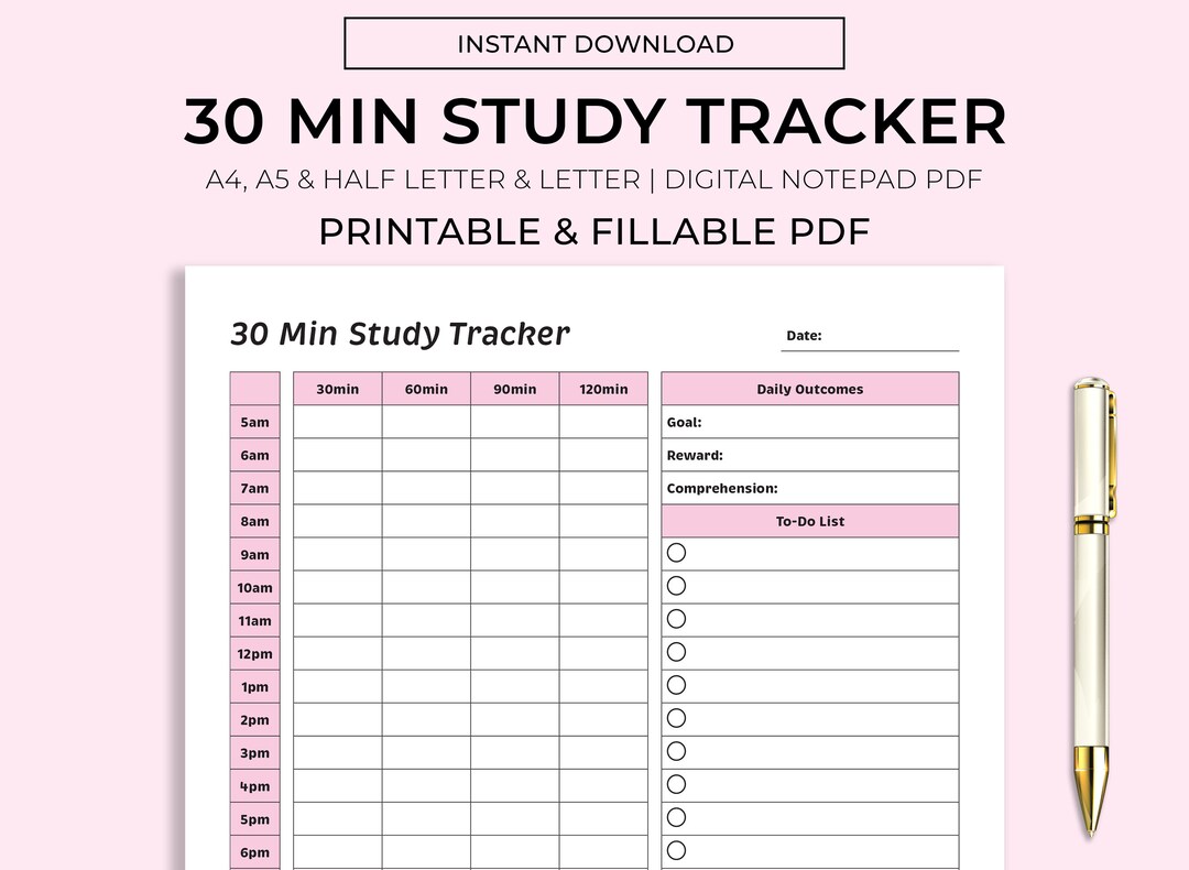 30 Min Study Tracker, Student Planner, Student Planner Printable, Desk ...