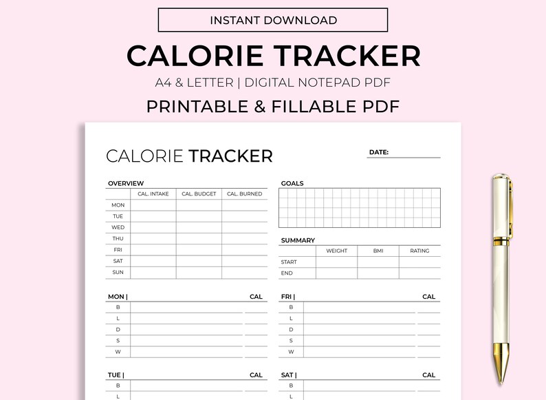 Weekly Calorie Tracker, Printable + Fillable, iPad Optimized, Protein ...