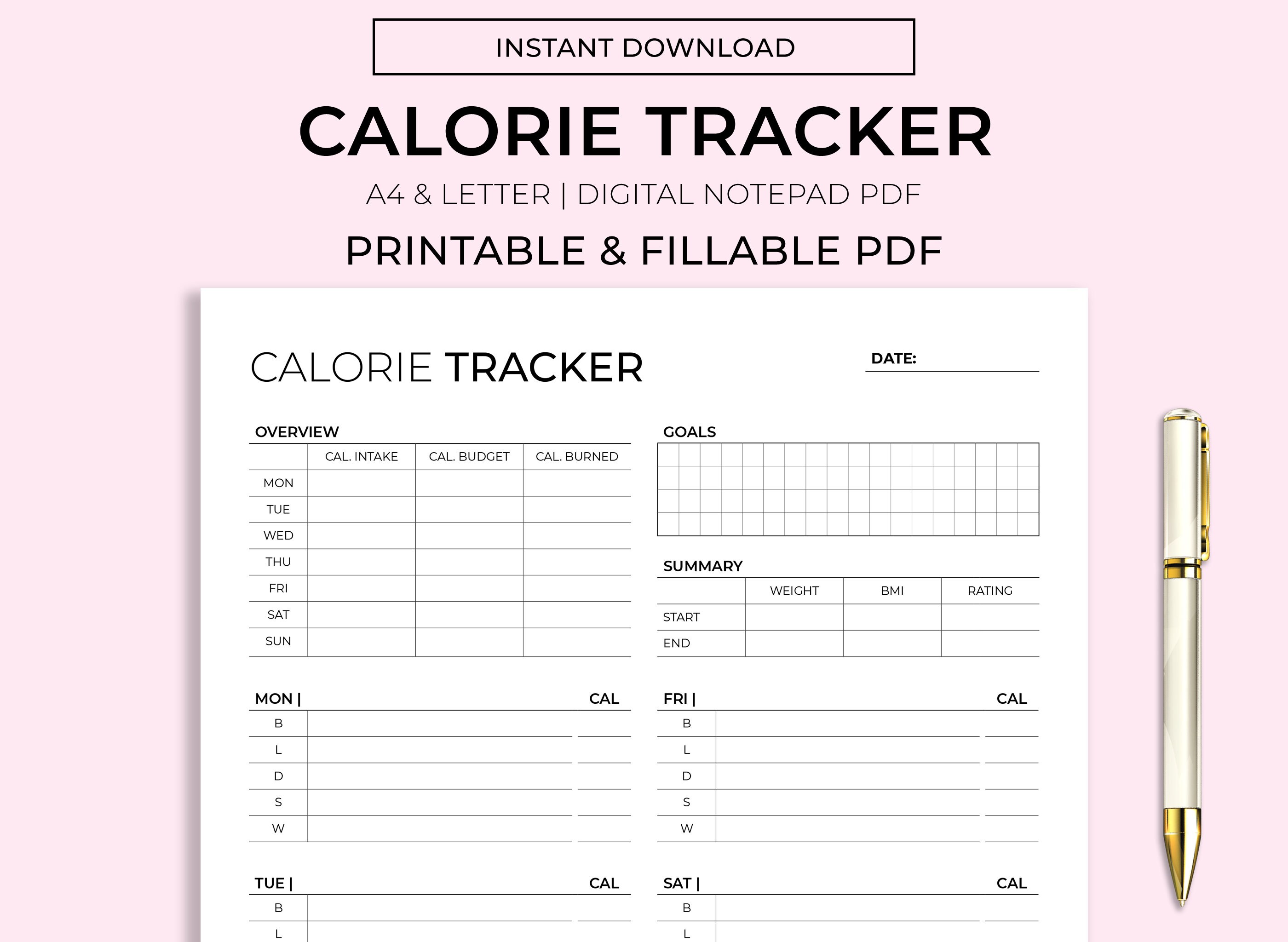 Weekly Calorie Tracker, Printable + Fillable, iPad Optimized, Protein ...
