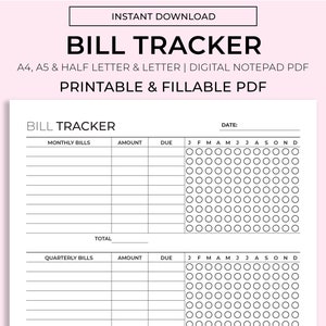 Bill Tracker, Printable & Fillable, Digital Notepad Template, Finance ...