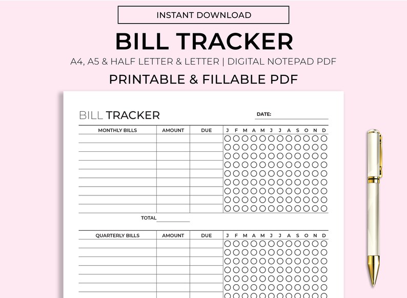 Bill Tracker, Printable & Fillable, Digital Notepad Template, Finance ...