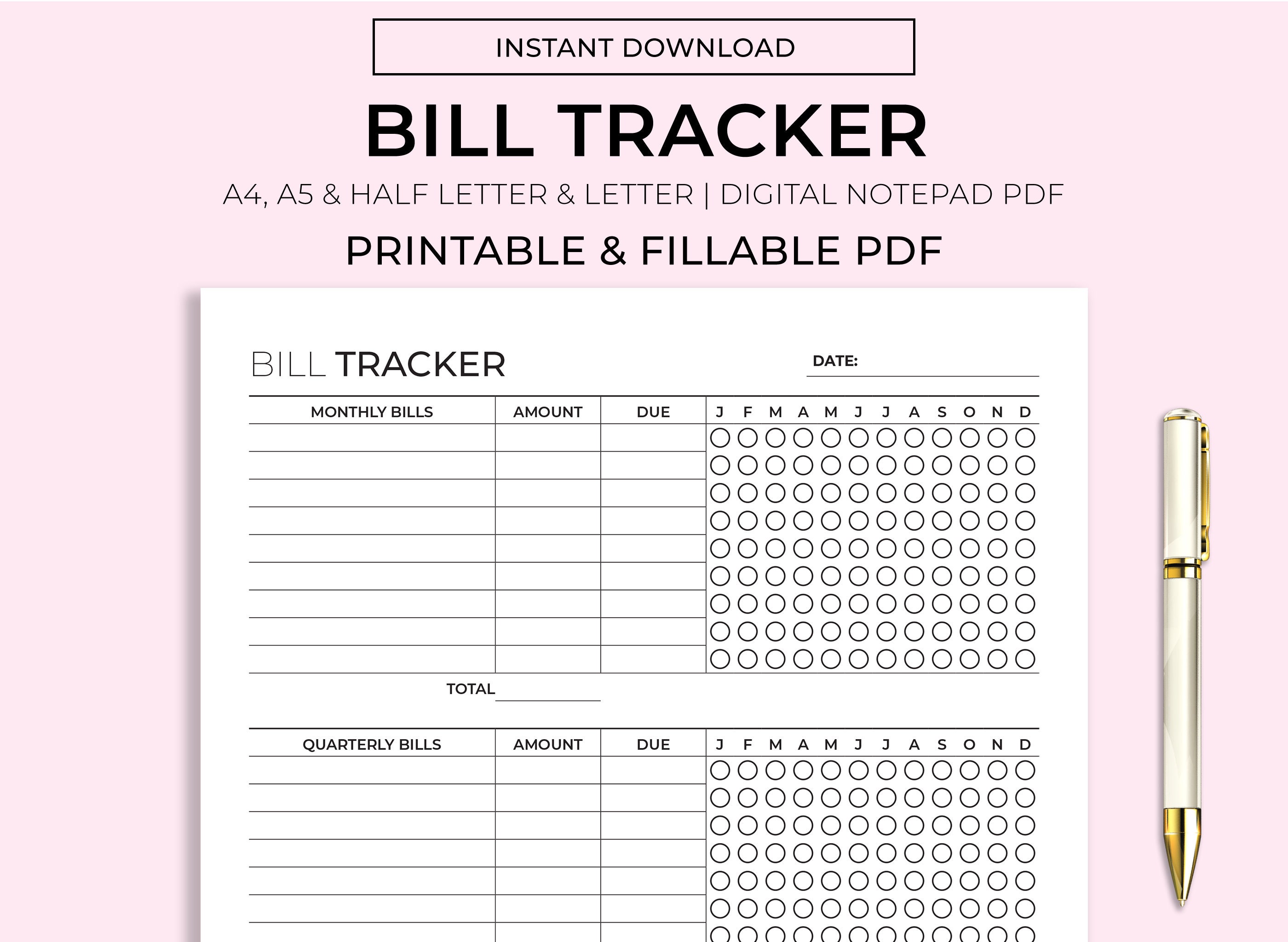 Bill Tracker, Printable & Fillable, Digital Notepad Template, Finance ...