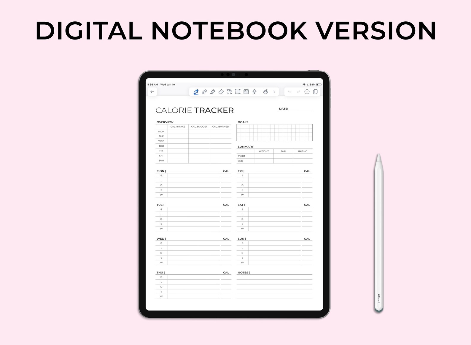 Weekly Calorie Tracker, Printable + Fillable, iPad Optimized, Protein ...