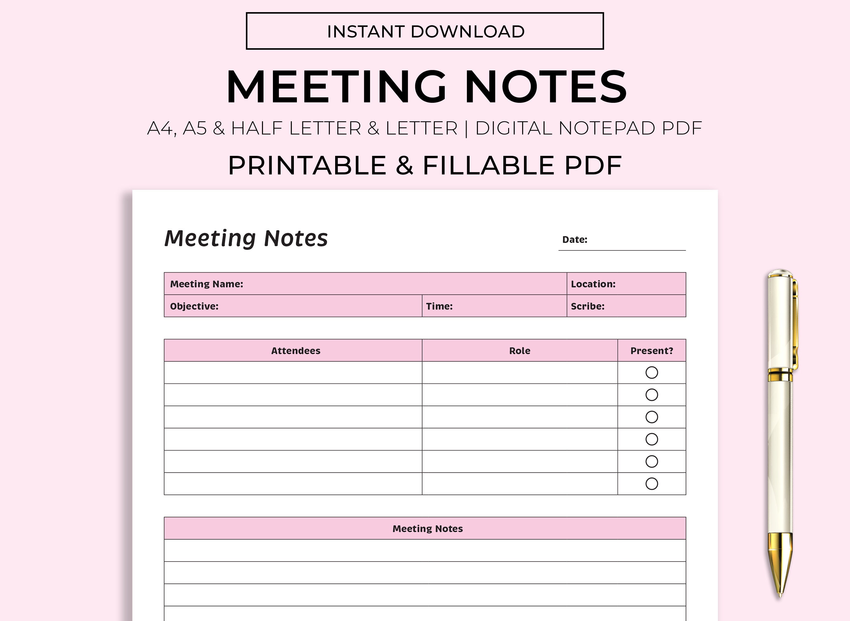 Meeting Notes Planner Template, Student Planner, Student Printable ...